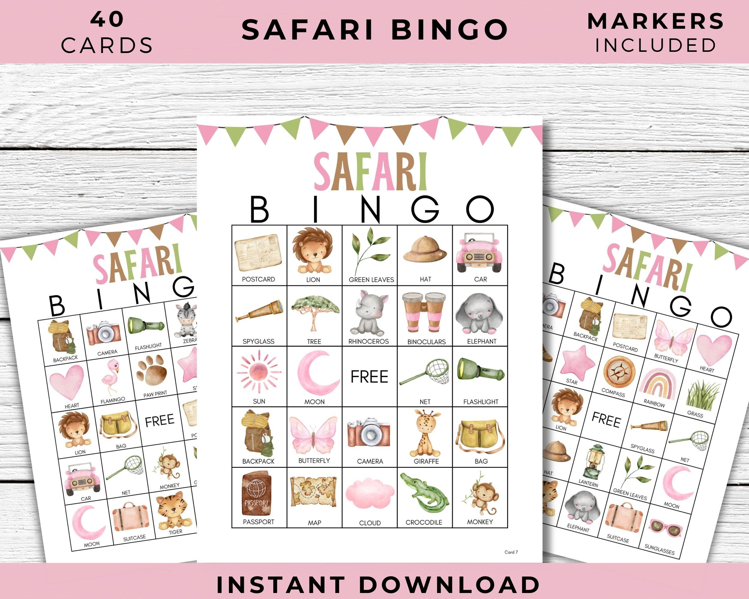 Pink SAFARI Bingo Game 40 Printable Cards, Markers Baby Shower Bingo ...