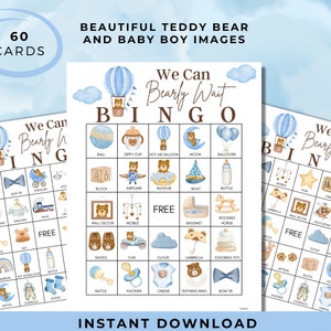 Blue Teddy Bear Baby Shower Bingo Printable | We Can Bearly Wait | 60 ...
