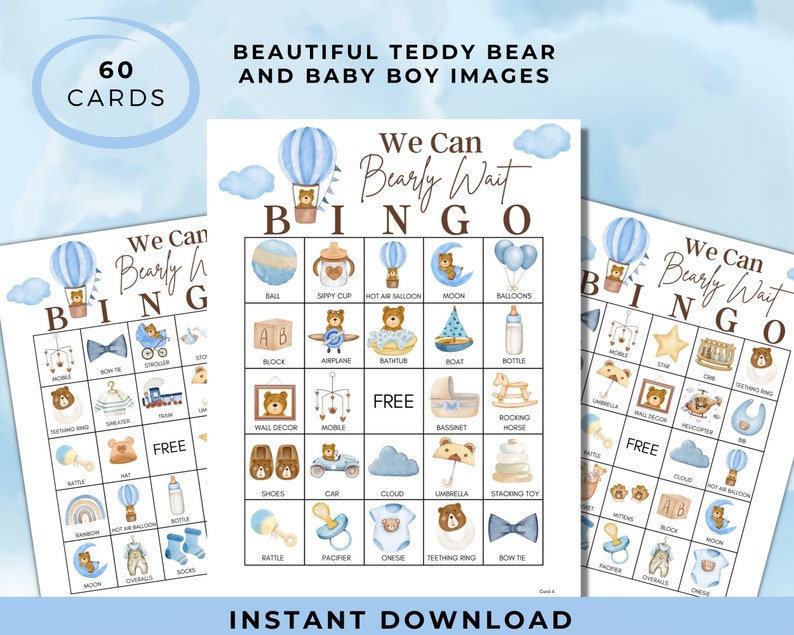 Blue Teddy Bear Baby Shower Bingo Printable | We Can Bearly Wait | 60 ...
