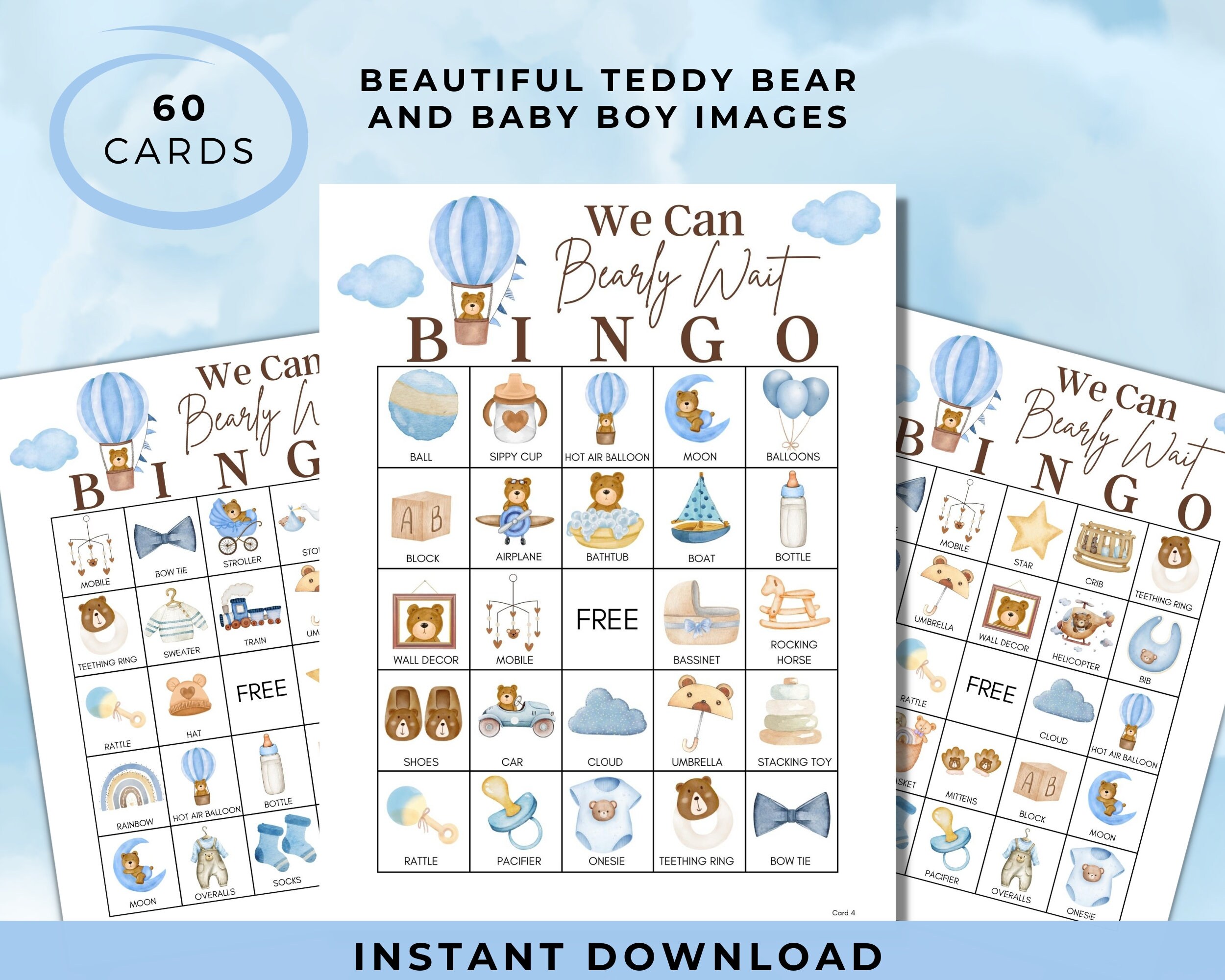 Blue Teddy Bear Baby Shower Bingo Printable We Can Bearly Wait 60 Card ...