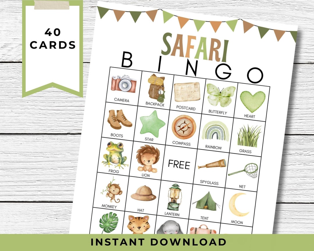 SAFARI Bingo - 40 Printable Cards, Markers; Gender Neutral Baby Shower ...