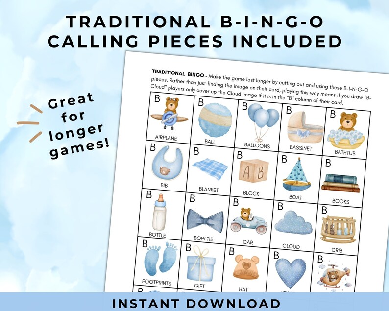 Blue Teddy Bear Baby Shower Bingo Printable We Can Bearly Wait 60 Card ...