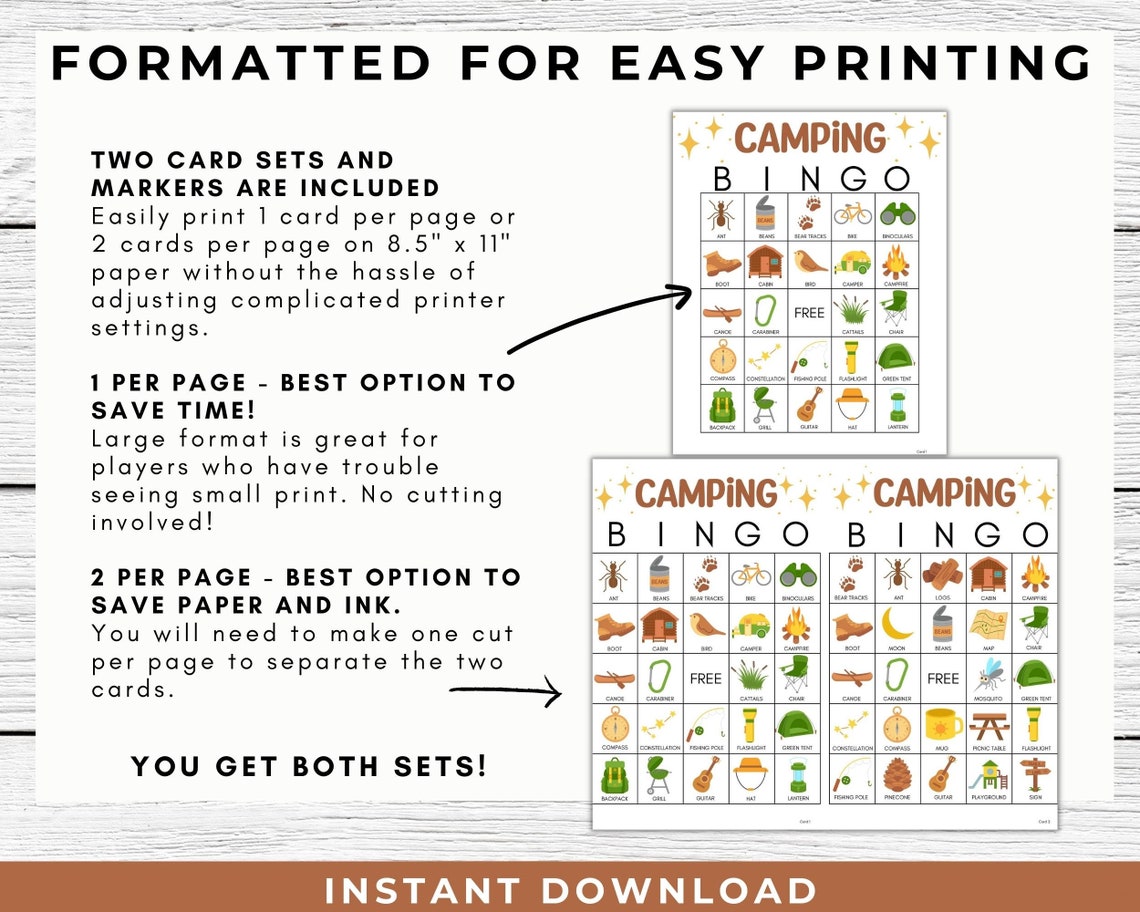 Camping Bingo Card Printable Set 40 Cards and Markers - Etsy
