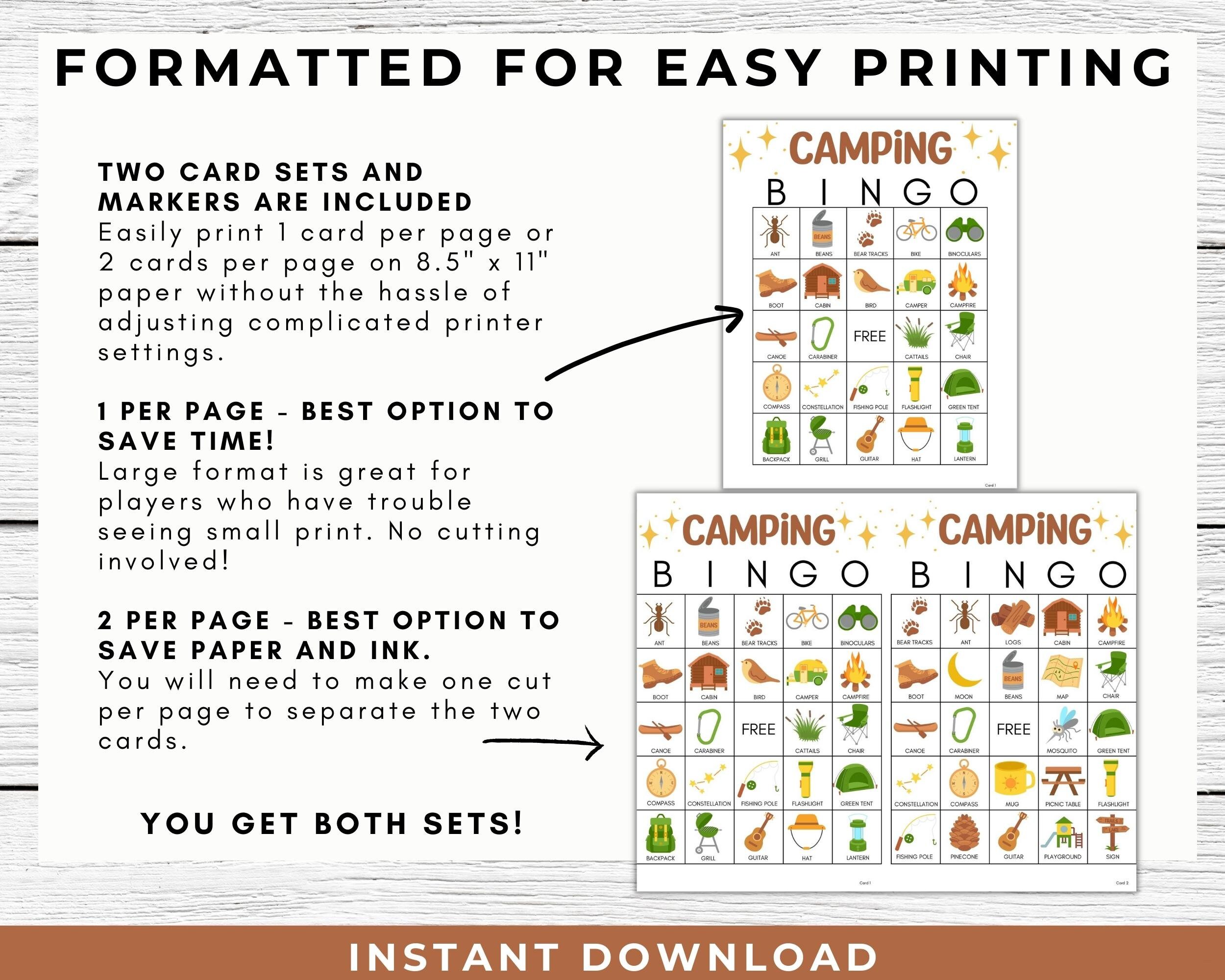 Camping Bingo Card Printable Set 40 Cards and Markers - Etsy
