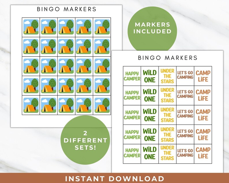 Camping Bingo Card Printable Set 40 Cards and Markers - Etsy