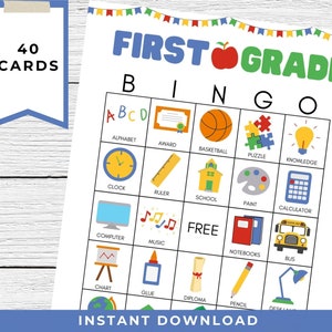 First Grade Bingo Game Printable, 40 Cards and Apple Markers First Day ...