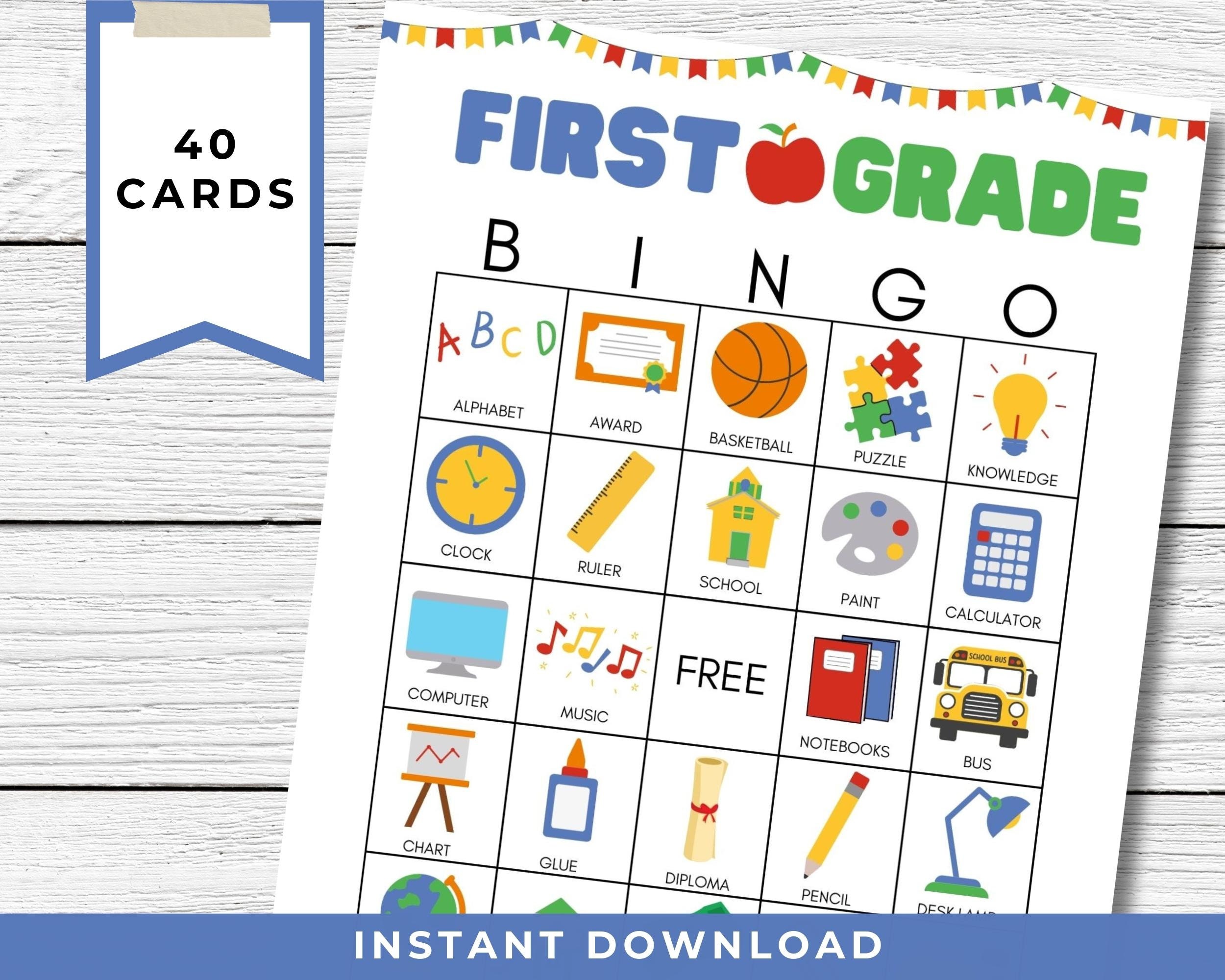 First Grade Bingo Game Printable, 40 Cards and Apple Markers First Day ...