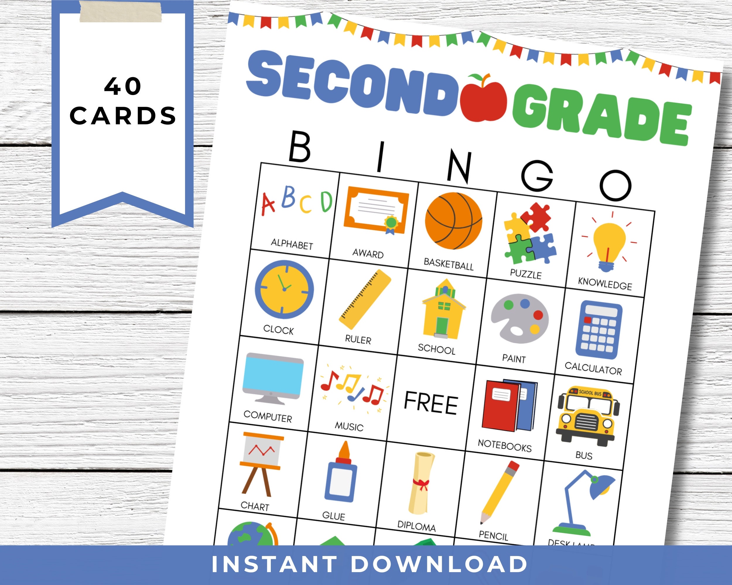Second Grade Bingo Game Printable 40 Cards and Apple Markers - Etsy