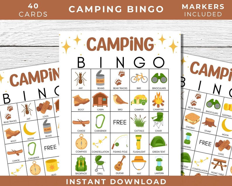 Camping Bingo Card Printable Set; 40 Cards and Markers; Campground ...