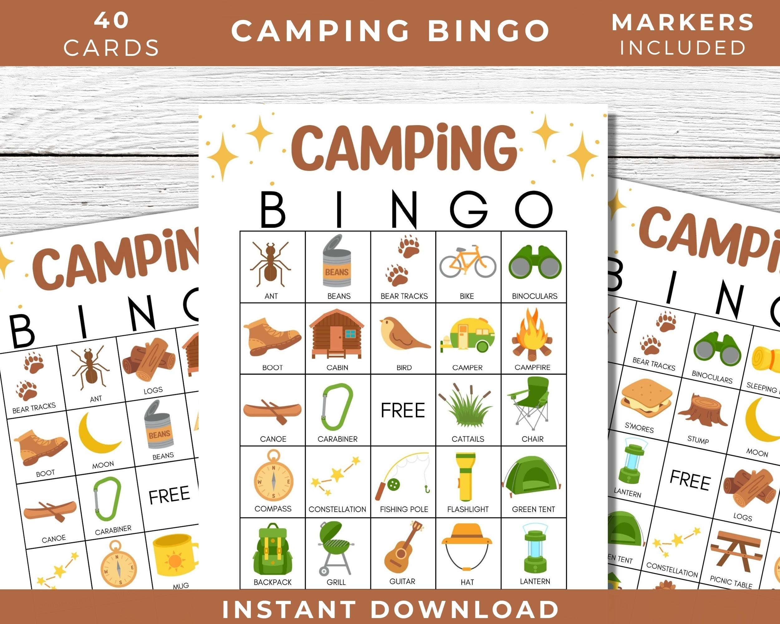 Camping Bingo Card Printable Set 40 Cards and Markers - Etsy