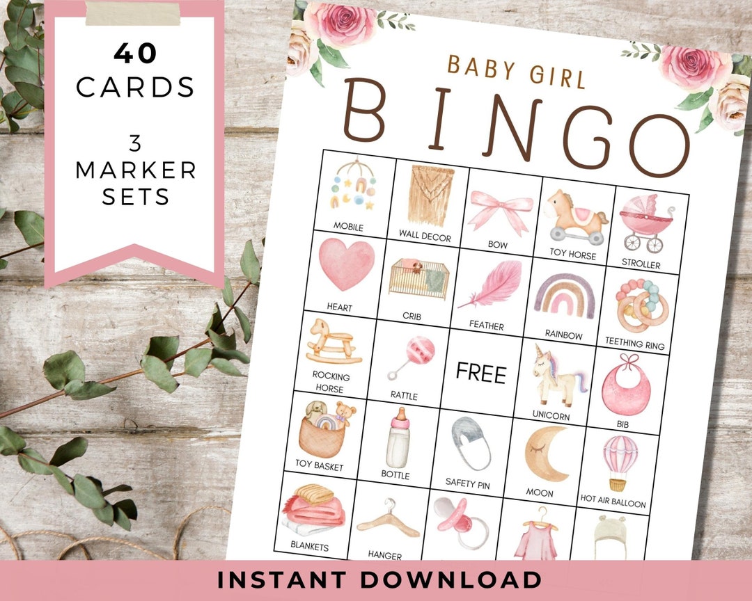Baby Girl Bingo Set | 40 PRINTABLE Cards Markers | Baby Shower Game ...