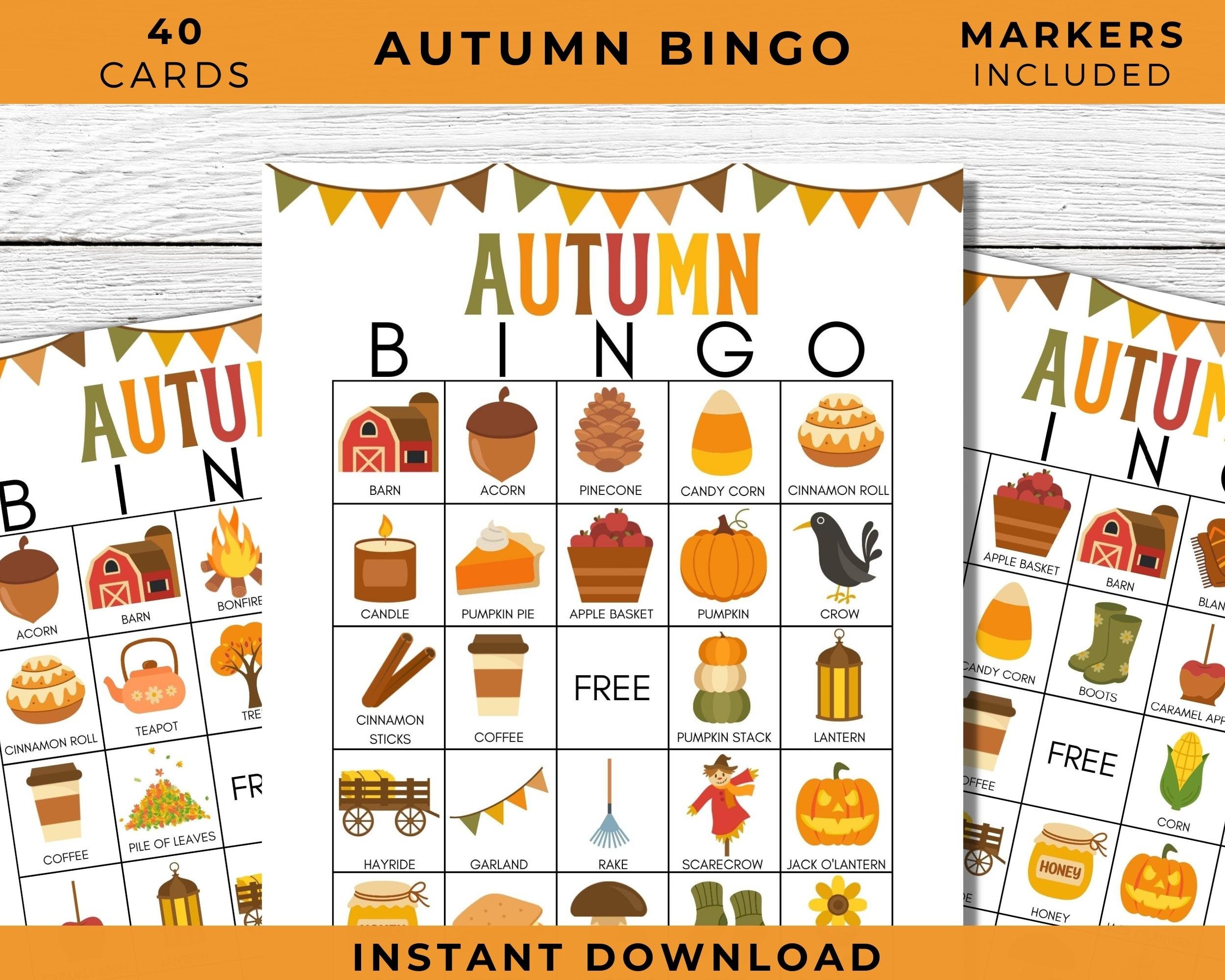 Autumn Bingo Printable, 40 Cards and Markers; Easy Group Game for Kids ...