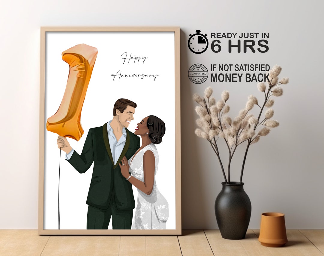 1st Anniversary Gift, Custom Couple Portrait Illustration Drawing ...