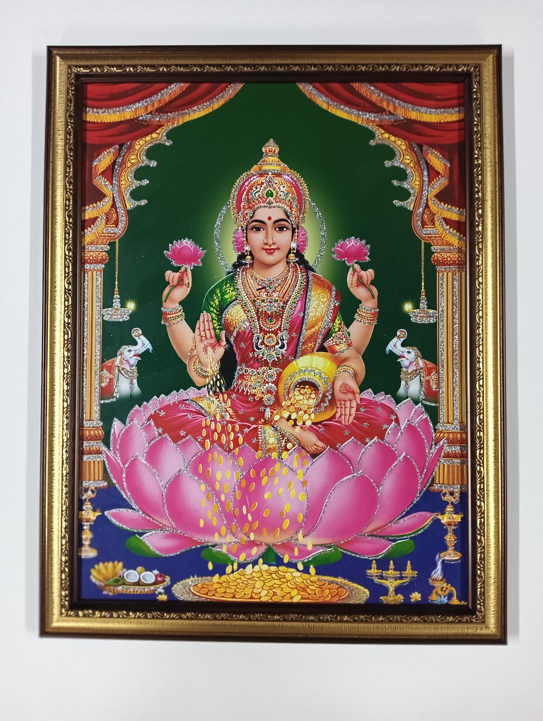 Laxmi/lakshmi Mata on Lotus With Gold Coins Laminated Framed Picture ...