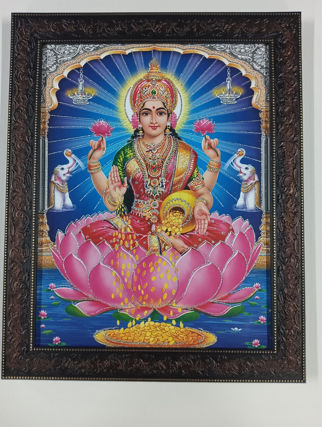 Laxmi/lakshmi Mata on Lotus With Gold Coins Laminated Framed Picture ...