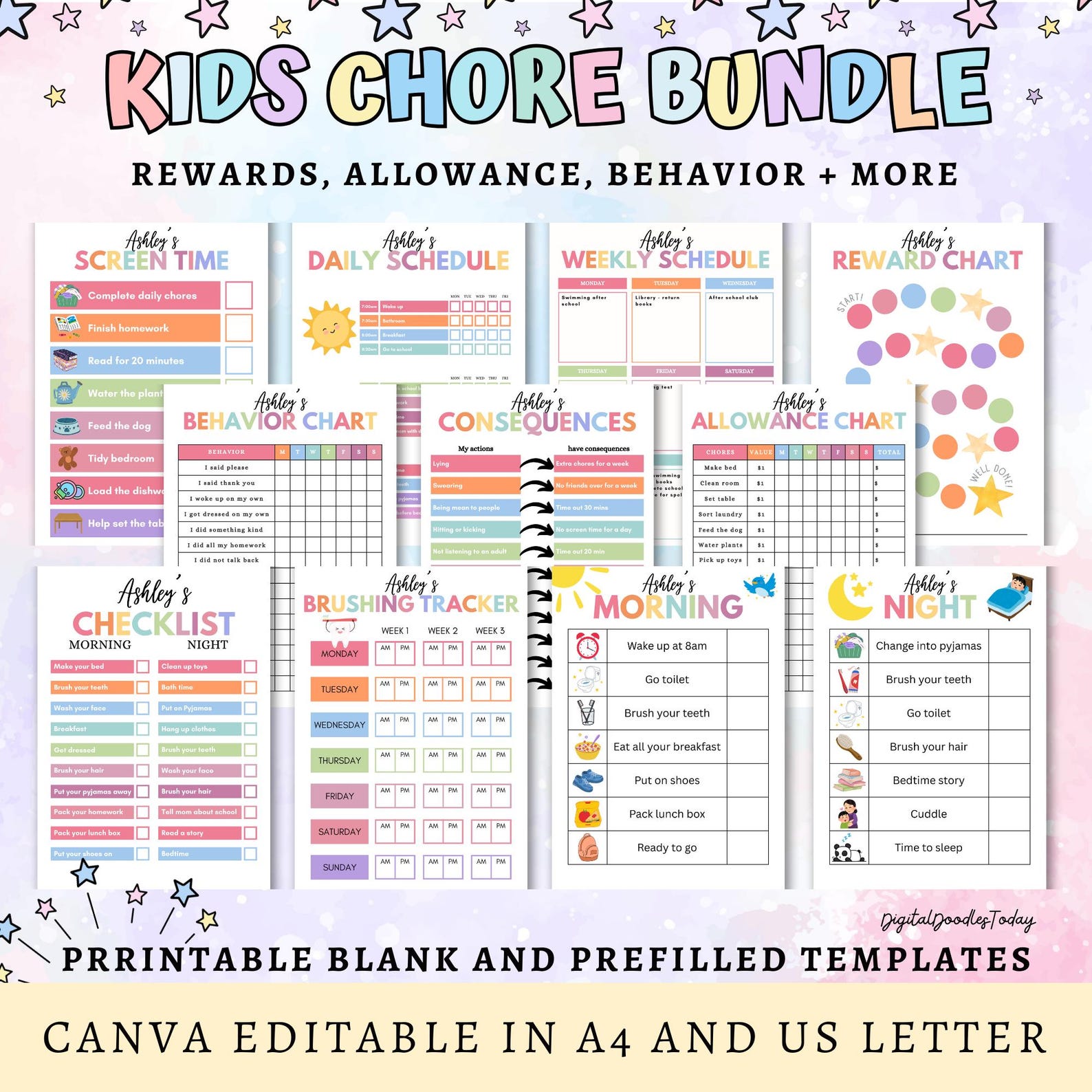 Editable Kids Chore Chart Bundle, School, Reward, Allowance, Daily ...