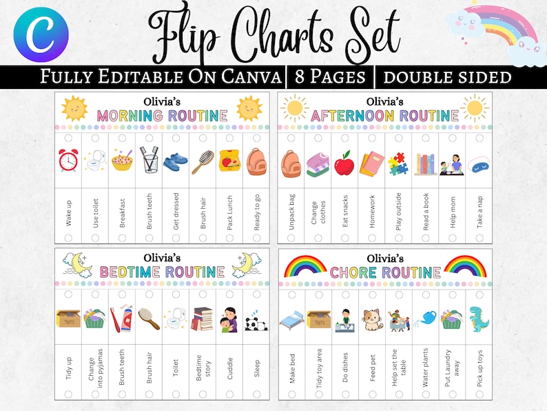 Kids Flip Routine Chart Editable Printable, Morning Evening Bedtime ... Kids Flip Routine Chart Editable Printable, Morning Evening Bedtime ...