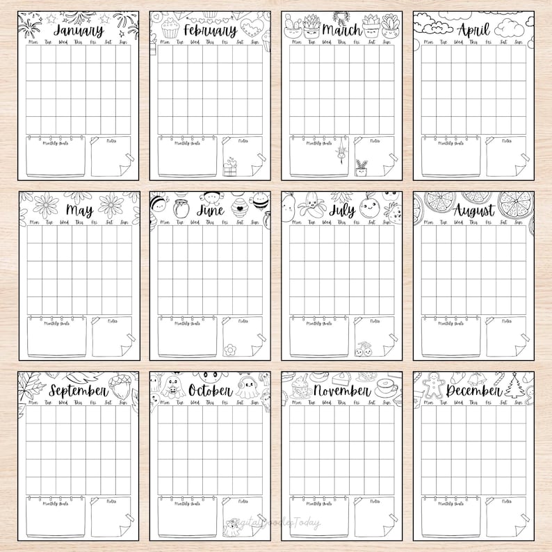12 Month Calendar, Journal Calendar Template, Monthly Planner ...