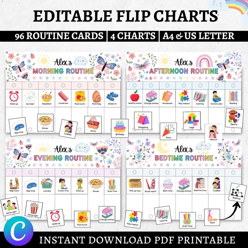 Kids Flip Routine Chart Editable Printable, Morning Evening Bedtime ...