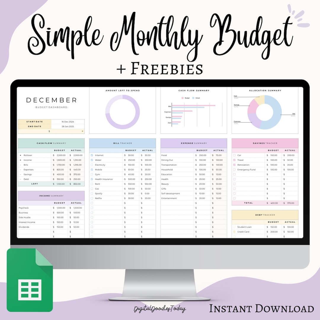 Budget Planner Google Sheet Monthly Budget Spreadsheet Paycheck Budget ...
