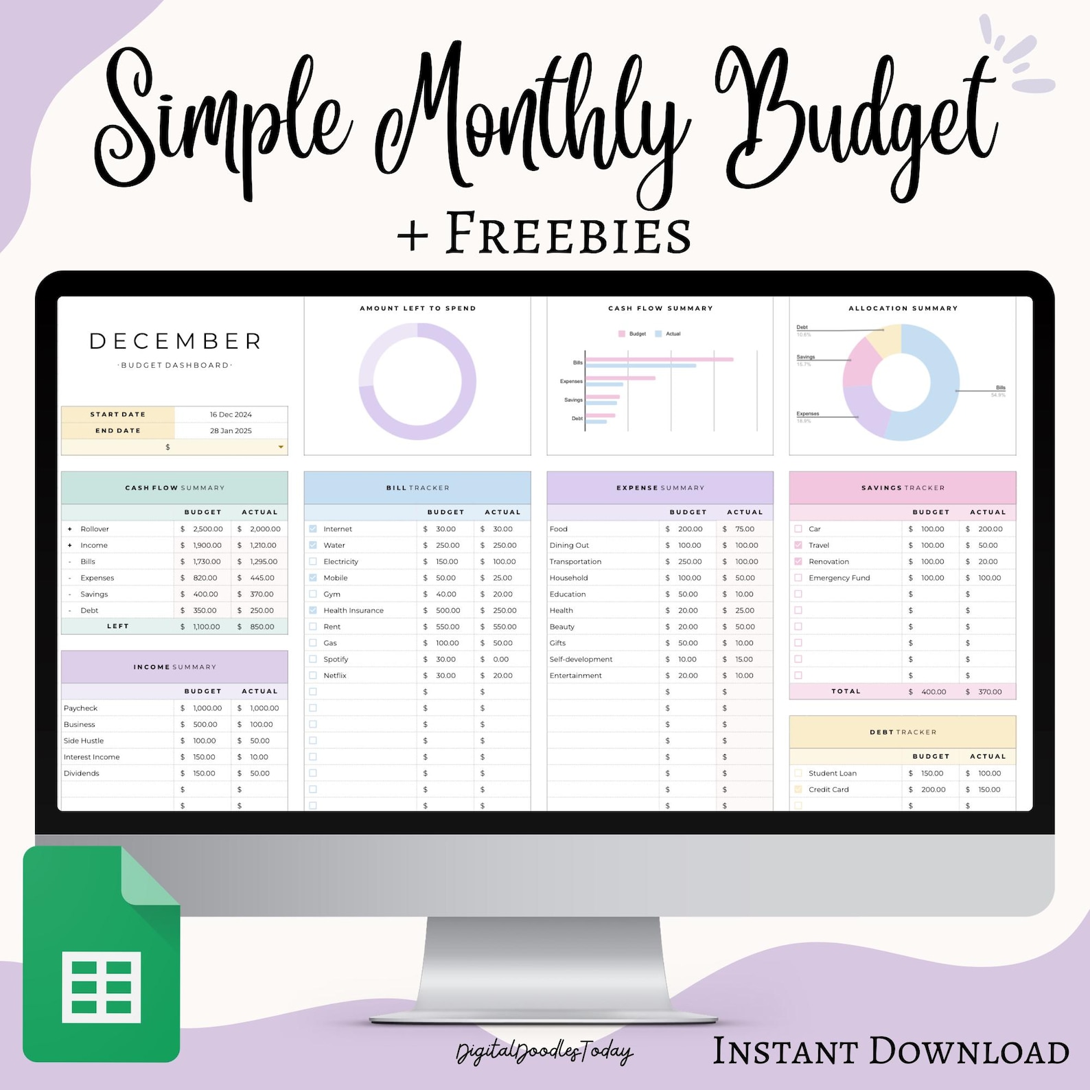 Budget Planner Google Sheet Monthly Budget Spreadsheet Paycheck Budget ...