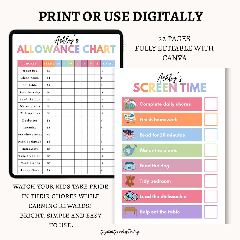 Editable Kids Chore Chart Bundle, School, Reward, Allowance, Daily ...