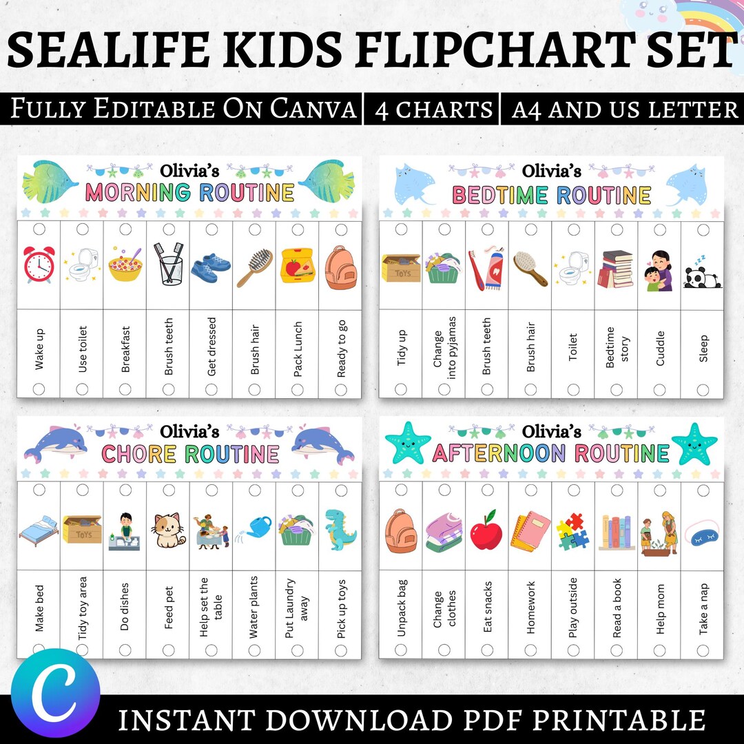 Kids Flip Chart Editable Printable, Morning Evening Bedtime Flip Chart ...