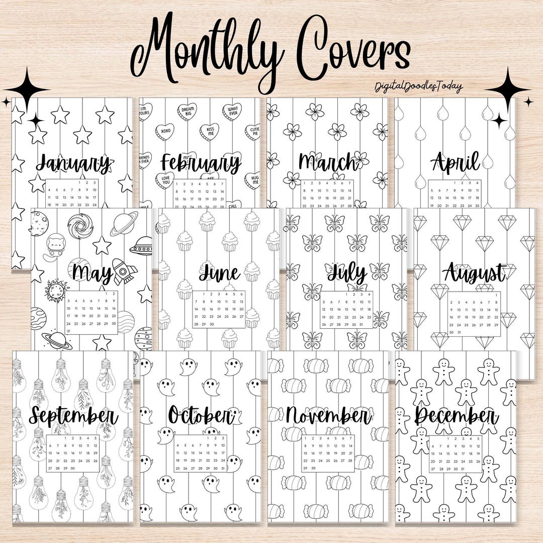12 Monthly Planner Cover Pages Bundle Journal Printable Bujo Pre-made ...