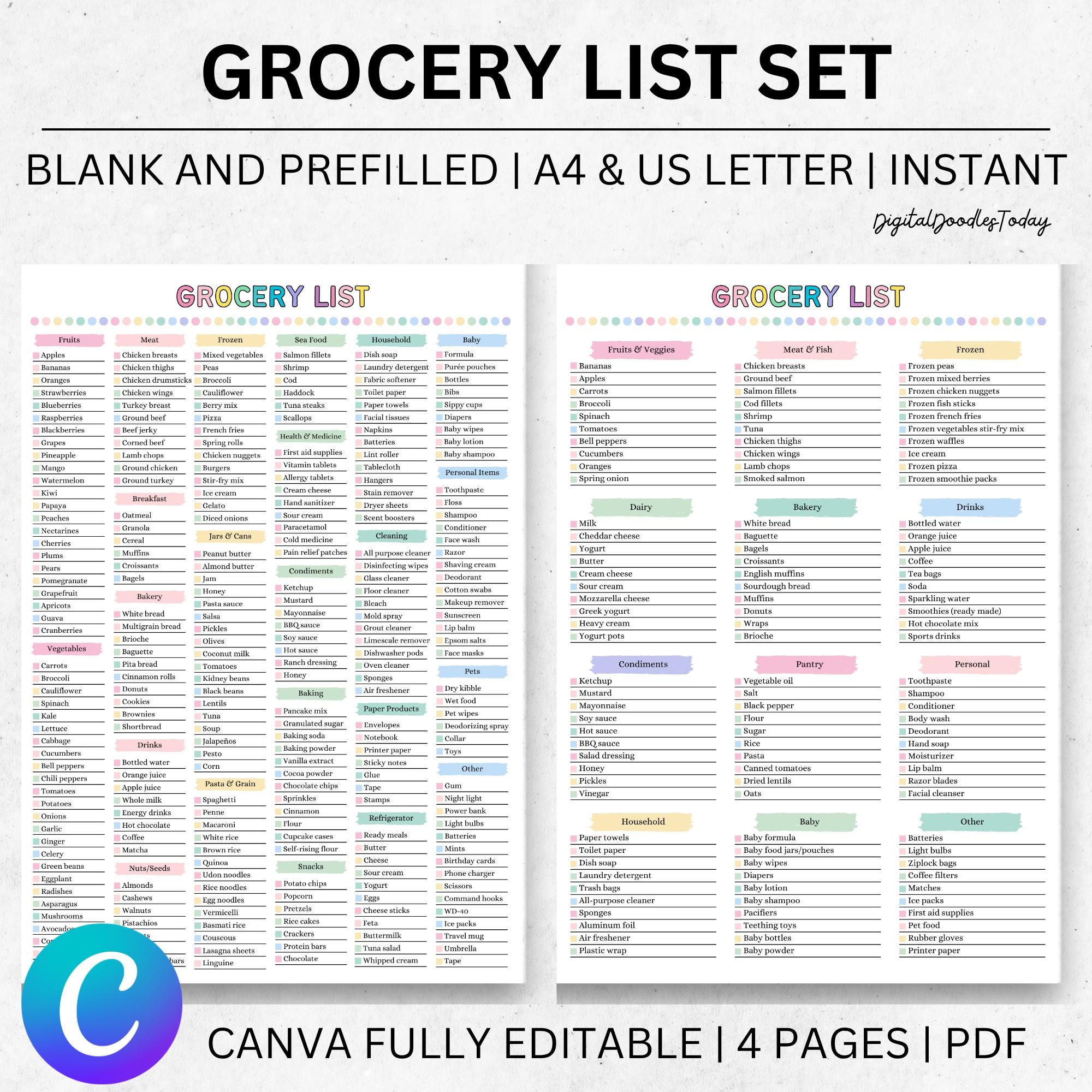 Blank Grocery List Printable Colorful Grocery Shopping List Editable ...