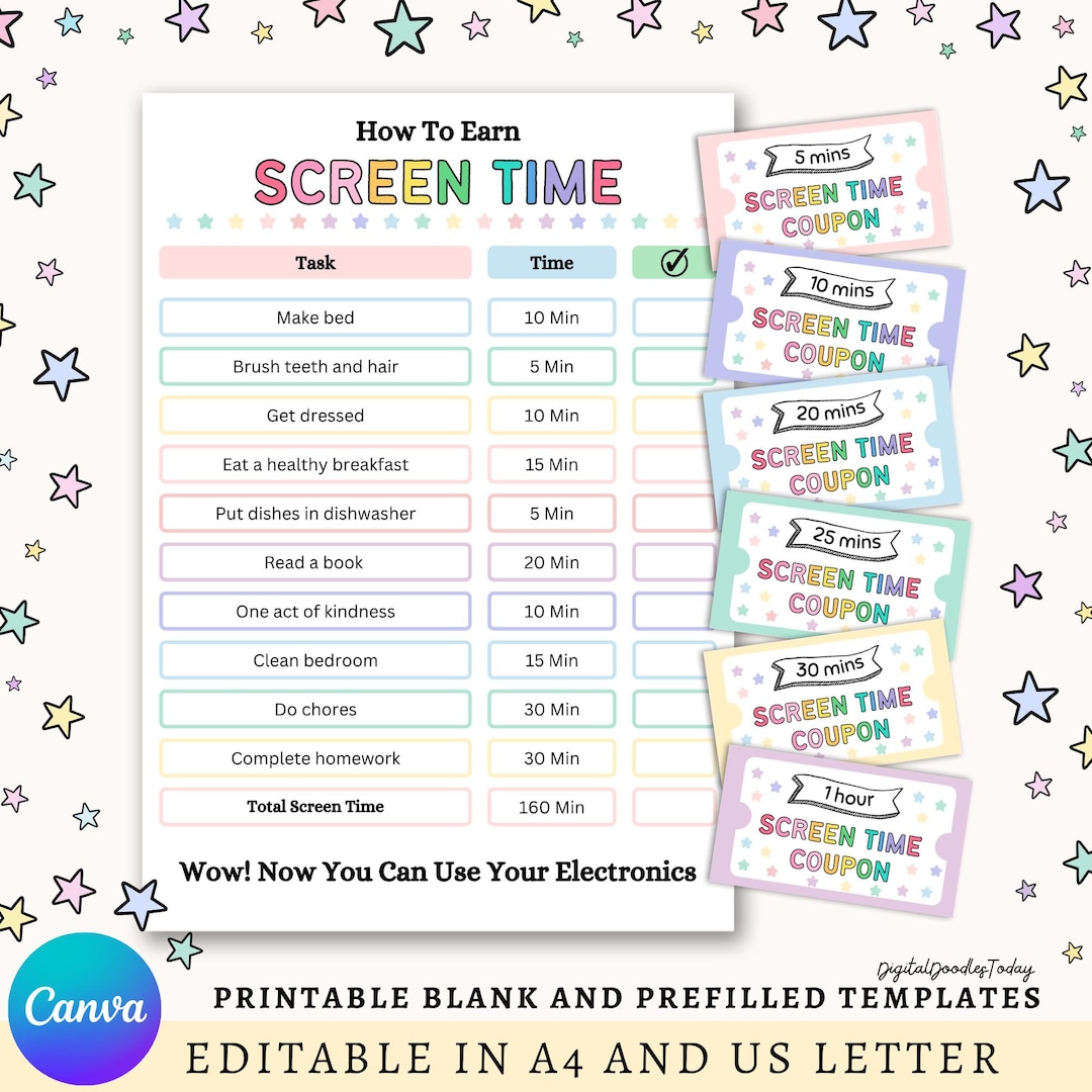 Printable Screen Time Chart and Coupons | Editable Screentime Rules ...