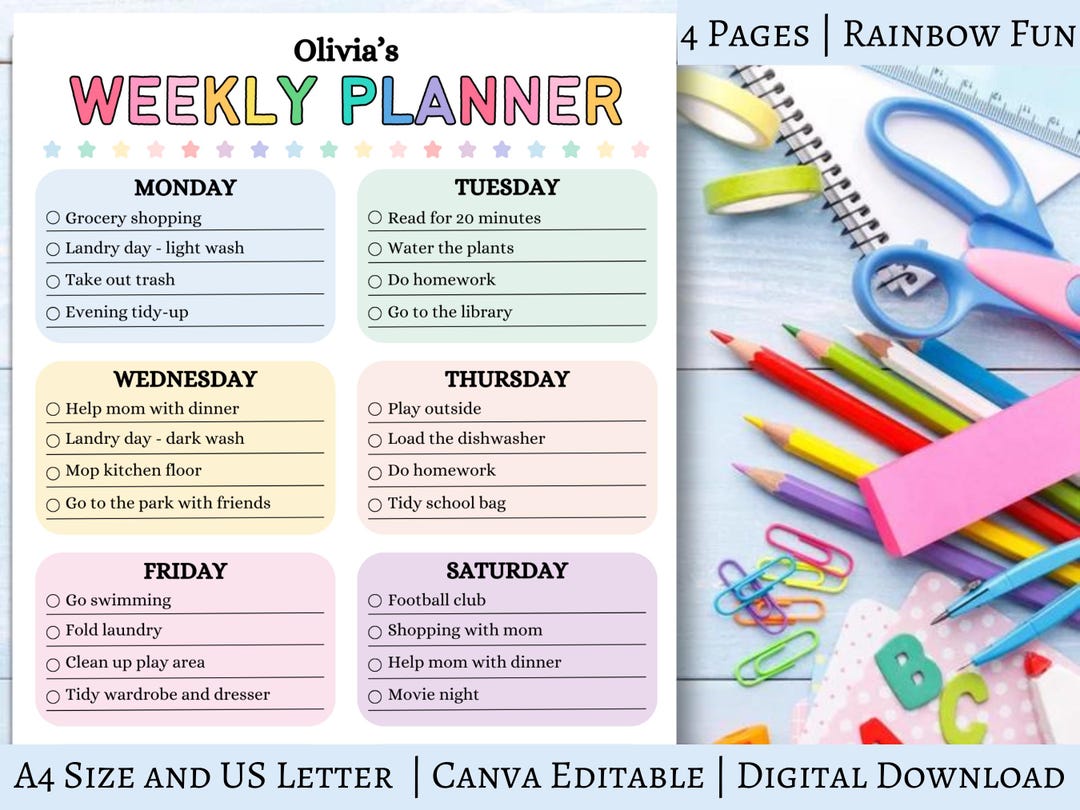Kids Weekly Planner, Rainbow Daily Planner, Homeschool Planner, Kids ...