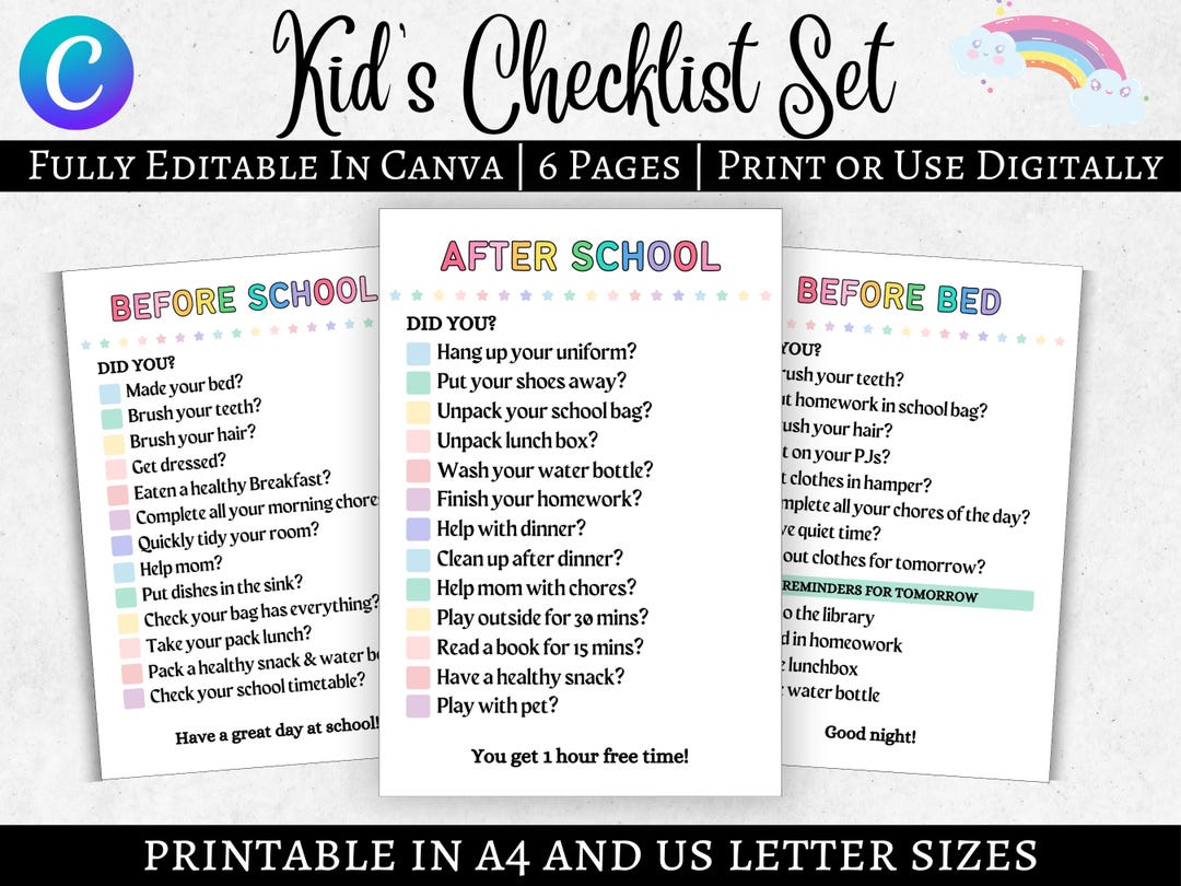 Editable Schoolday Checklist for Kids | Printable | Kids Chore Chart ...