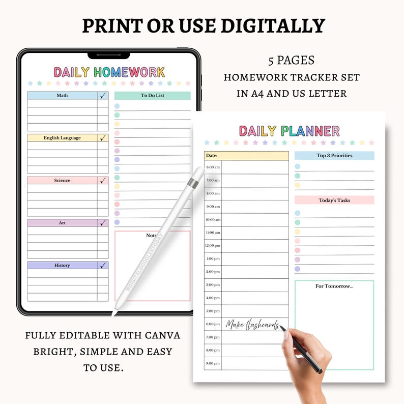 Editable Homework Planner Checklist | Printable Kids Homework Trackers ...