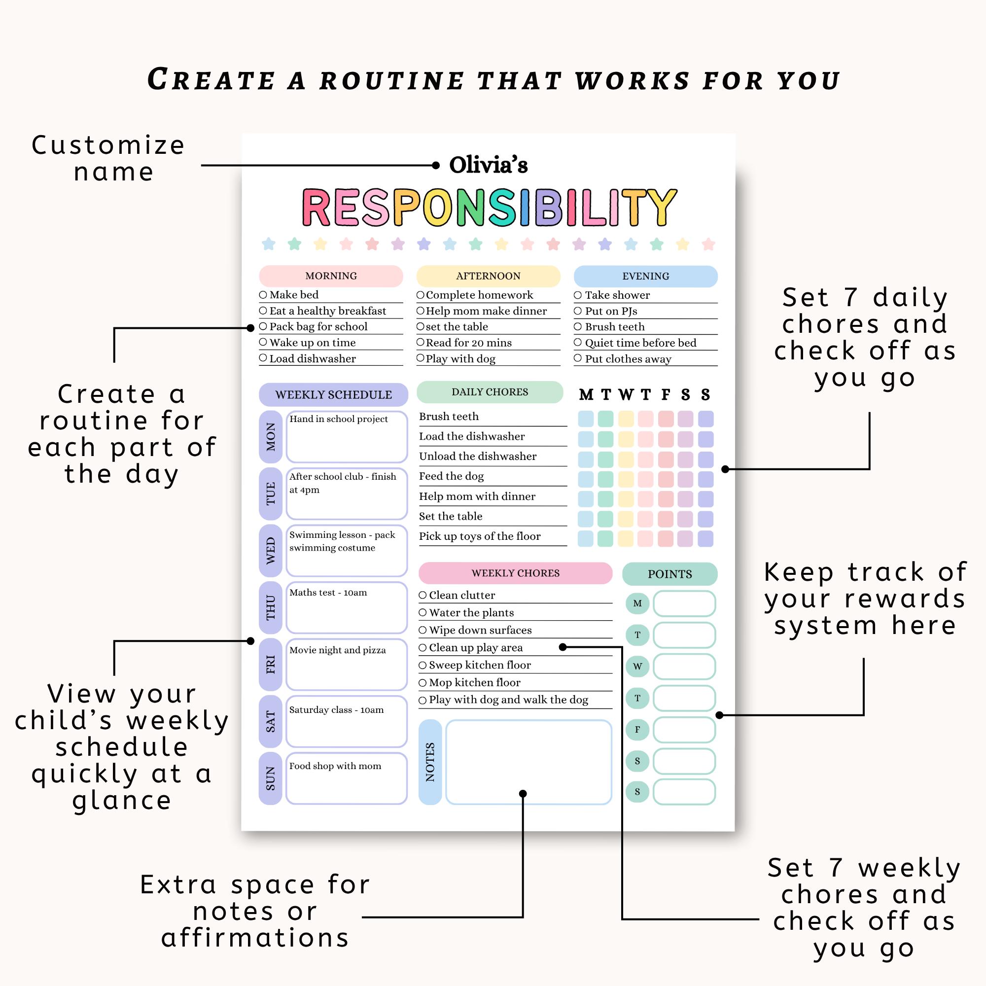 Editable Kids Responsibility Chart Printable | Chore Chart | Daily ...
