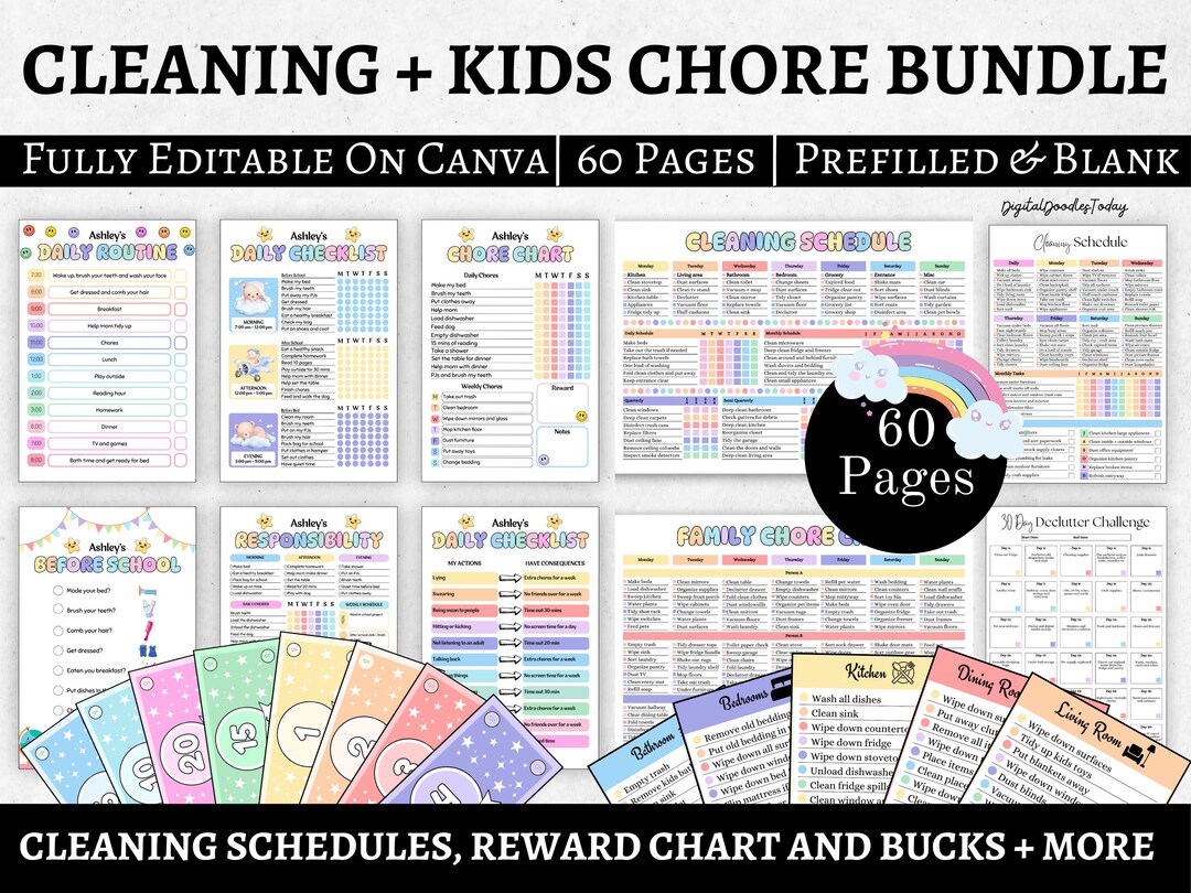 Editable Kids Chore Chart Bundle, Cleaning Checklist, Reward Chart and ...