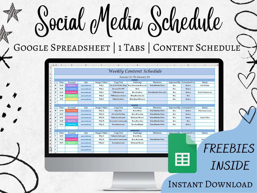 Weekly Social Media Content Schedule Google Spreadsheet | Social Media ...
