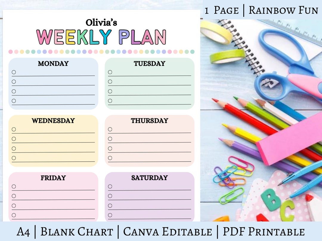 Kids Weekly Planner, Rainbow Daily Planner, Homeschool Planner, Kids ...
