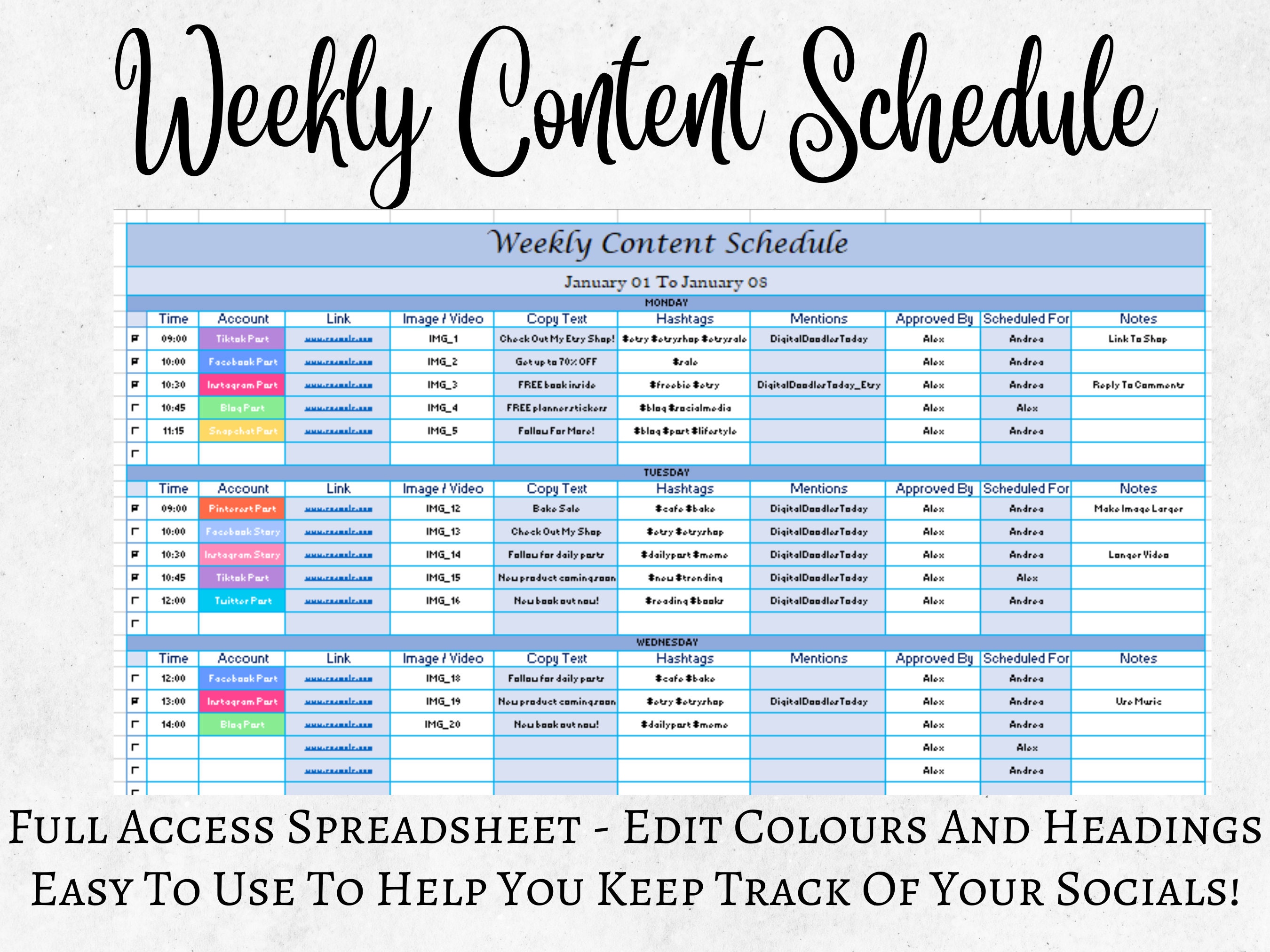 Weekly Social Media Content Schedule Excel Spreadsheet | Social Media Spreadsheet | Content ...