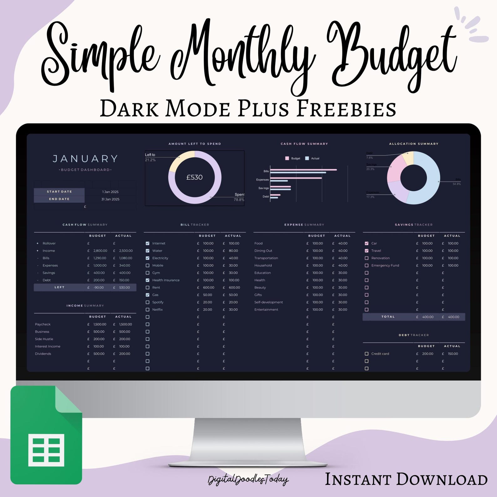 Budget Planner Google Sheet Dark Mode Monthly Budget Spreadsheet ...