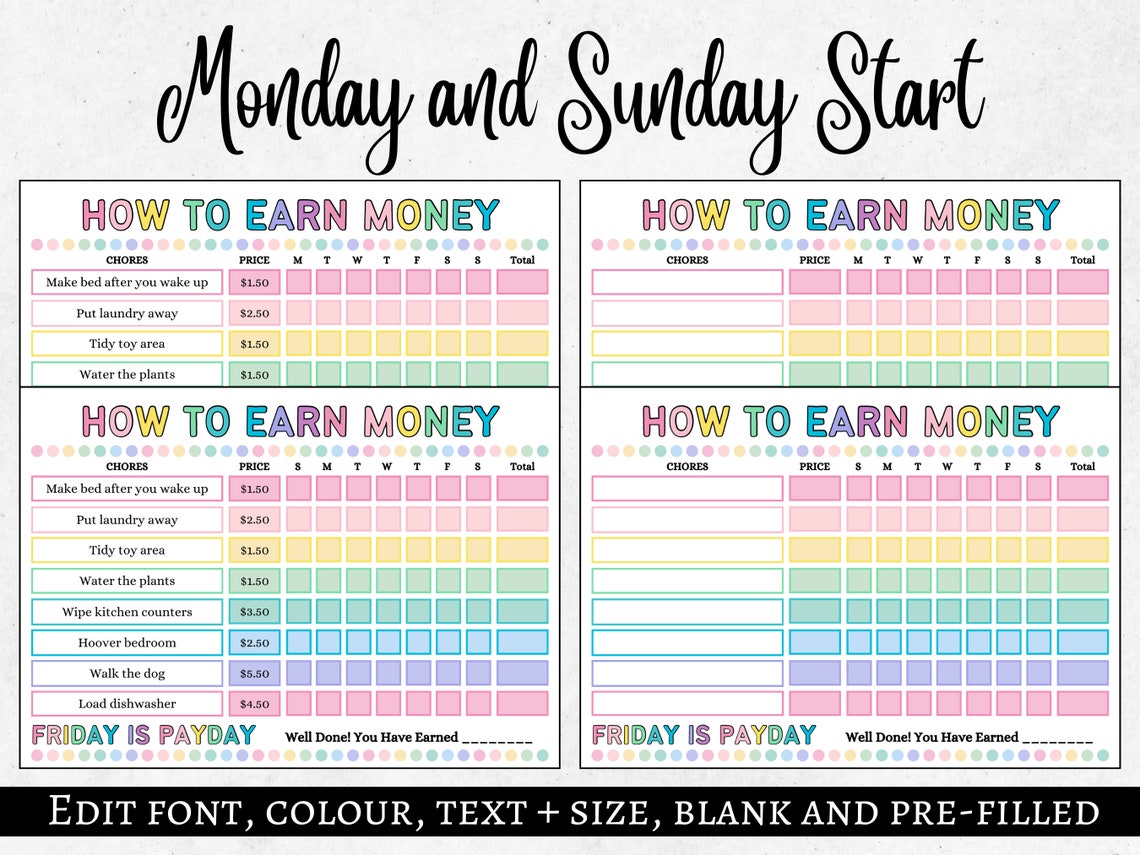 How to Earn Money Chore Chart Editable Allowance Chore Chart for Kids ...