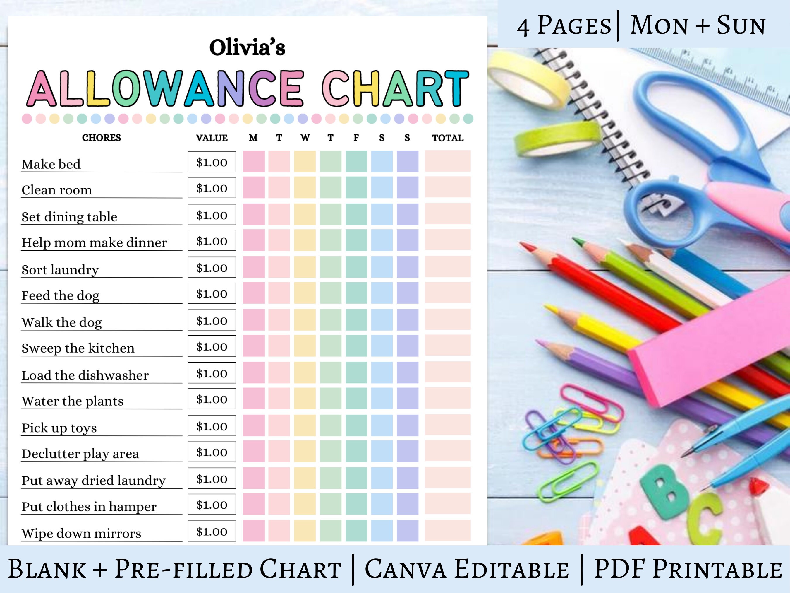 Editable Allowance Tracker for Kids, Printable Allowance Chore Chart ...