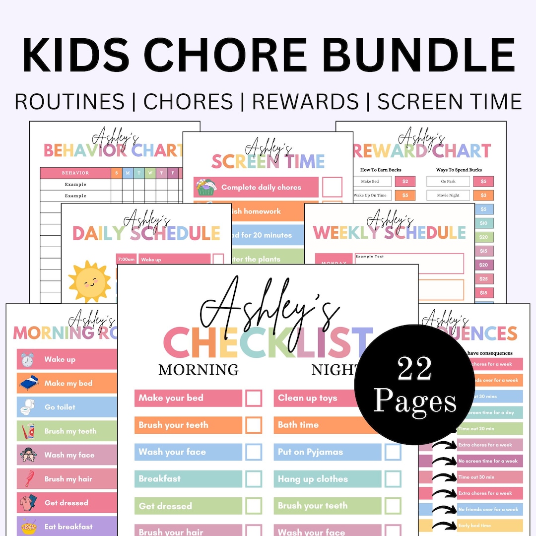 Editable Kids Chore Chart Bundle, School, Reward, Allowance, Daily ...