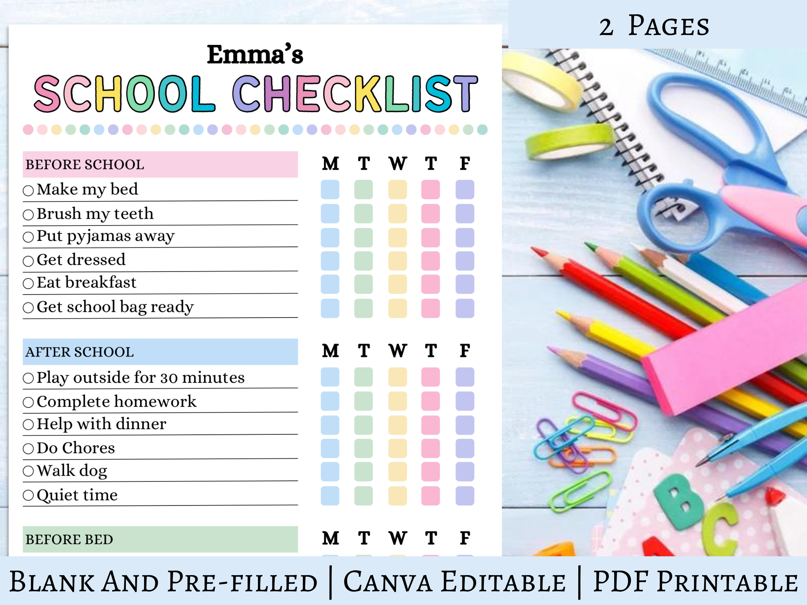 Canva Editable Schoolday Checklist for Kids | Printable | Chore Chart ...