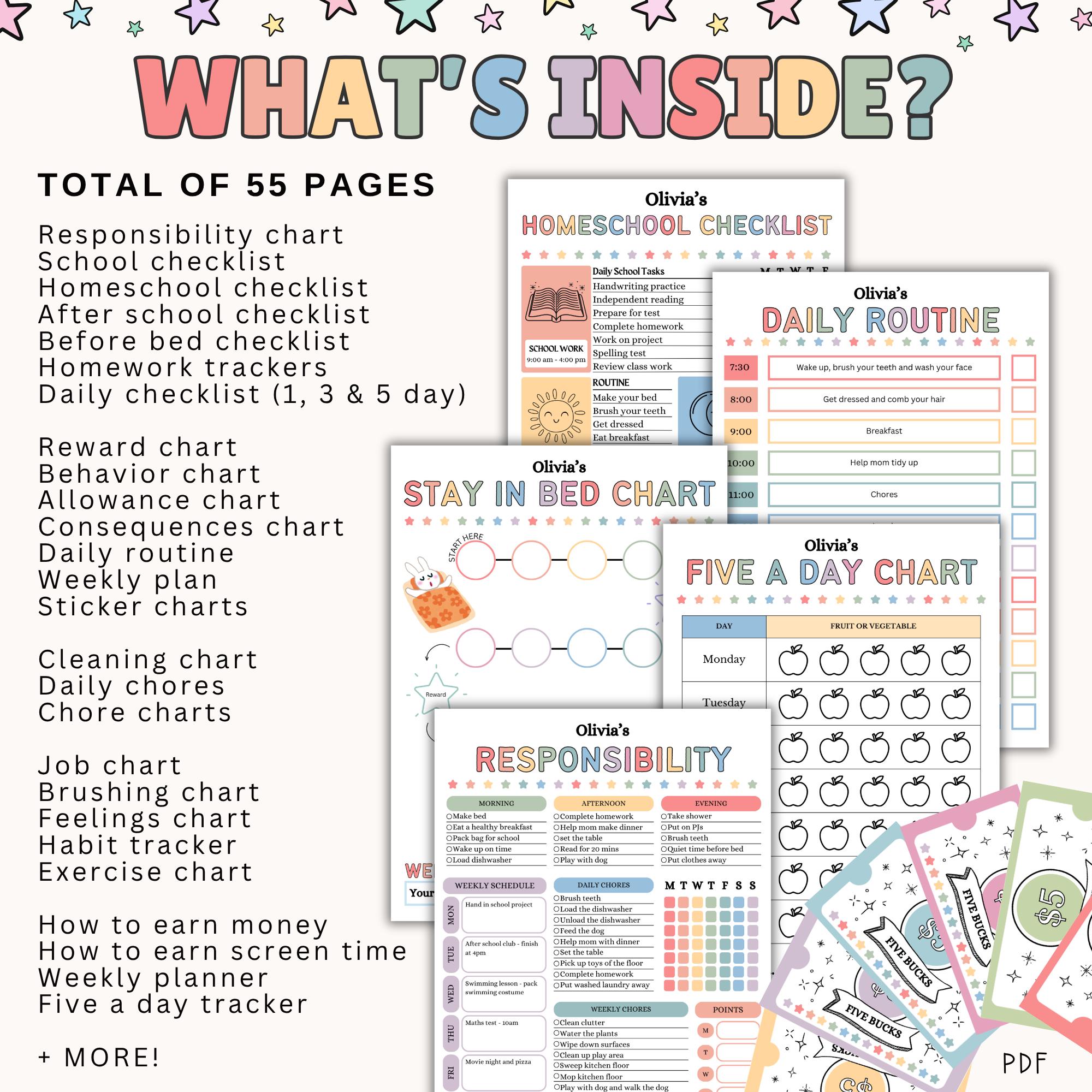 Editable Kids Chore Chart Bundle, School, Reward, Allowance, Daily ...