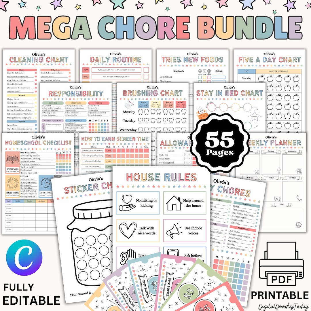 Editable Kids Chore Chart Bundle, School, Reward, Allowance, Daily ...