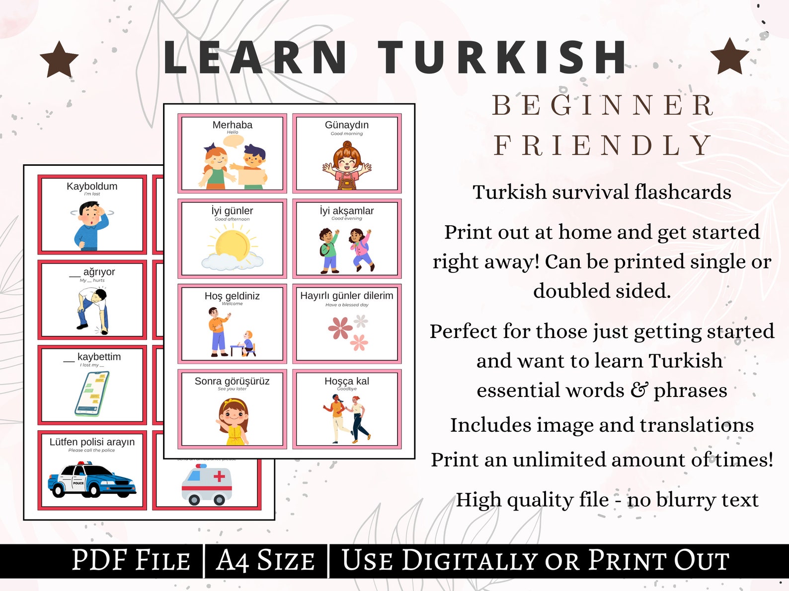 Turkish Flashcards for Beginners, Turkish Printable Flashcards, Turkish ...