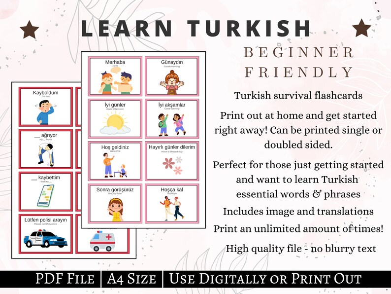 Turkish Flashcards for Beginners, Turkish Printable Flashcards, Turkish ...
