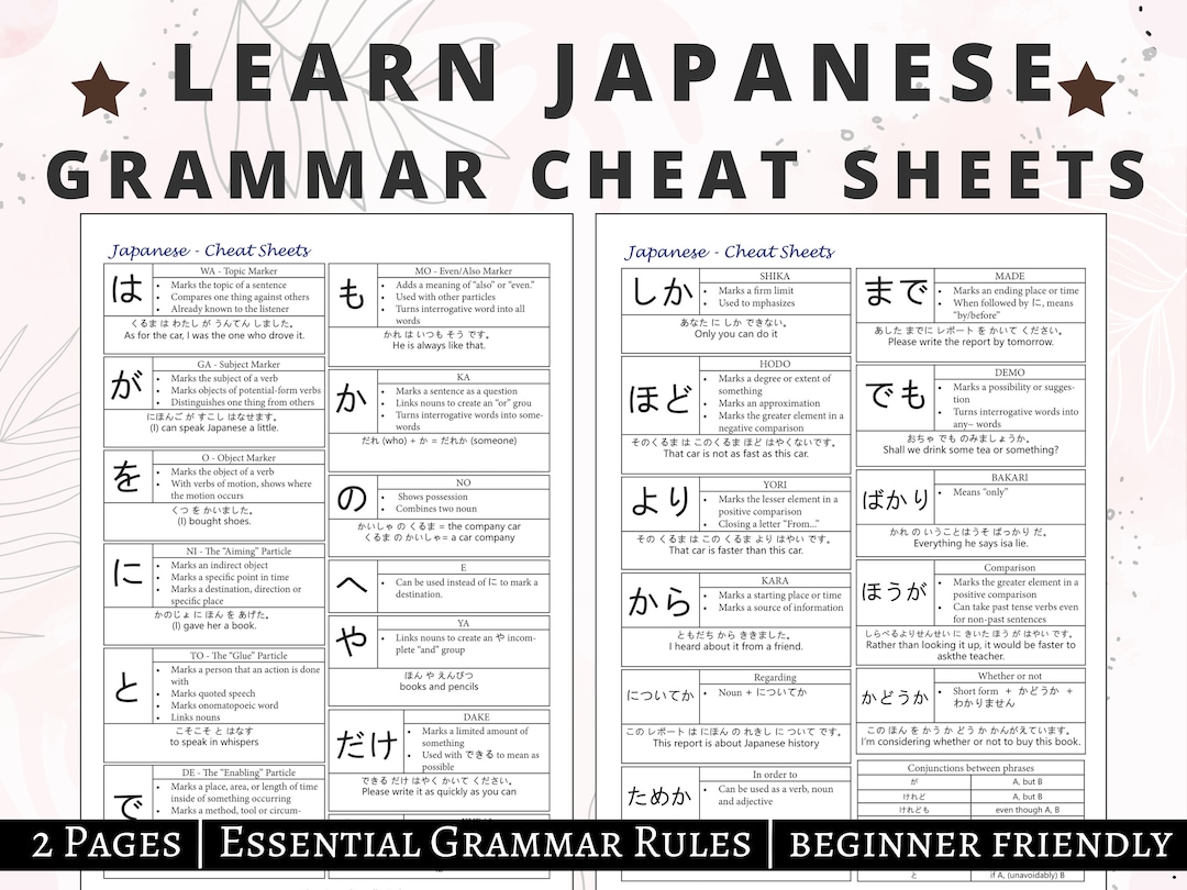 Japanese Cheat Sheets Particles, Grammar Points, Beginner Friendly ...