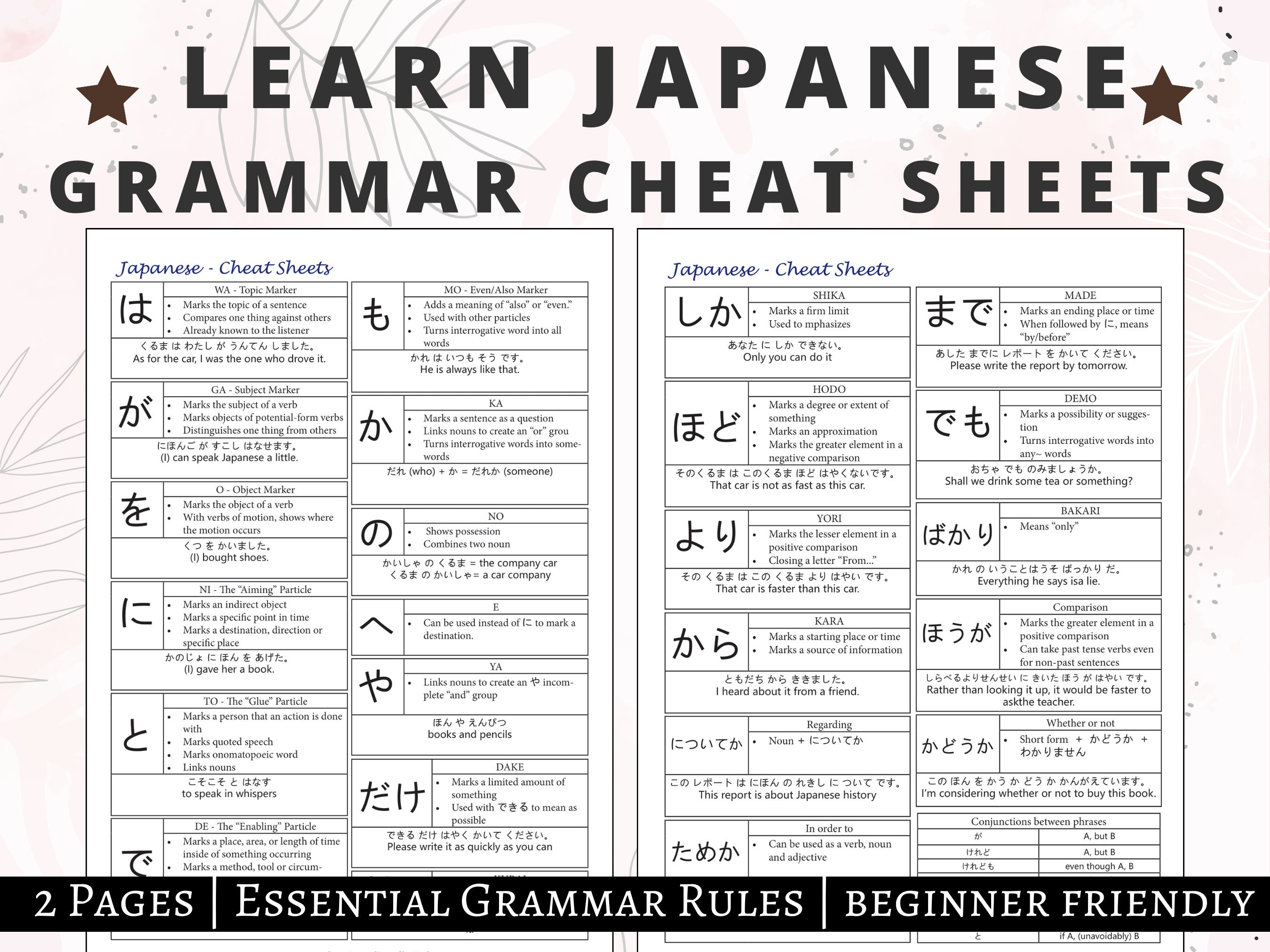 Japanese Cheat Sheets Particles, Grammar Points, Beginner Friendly ...