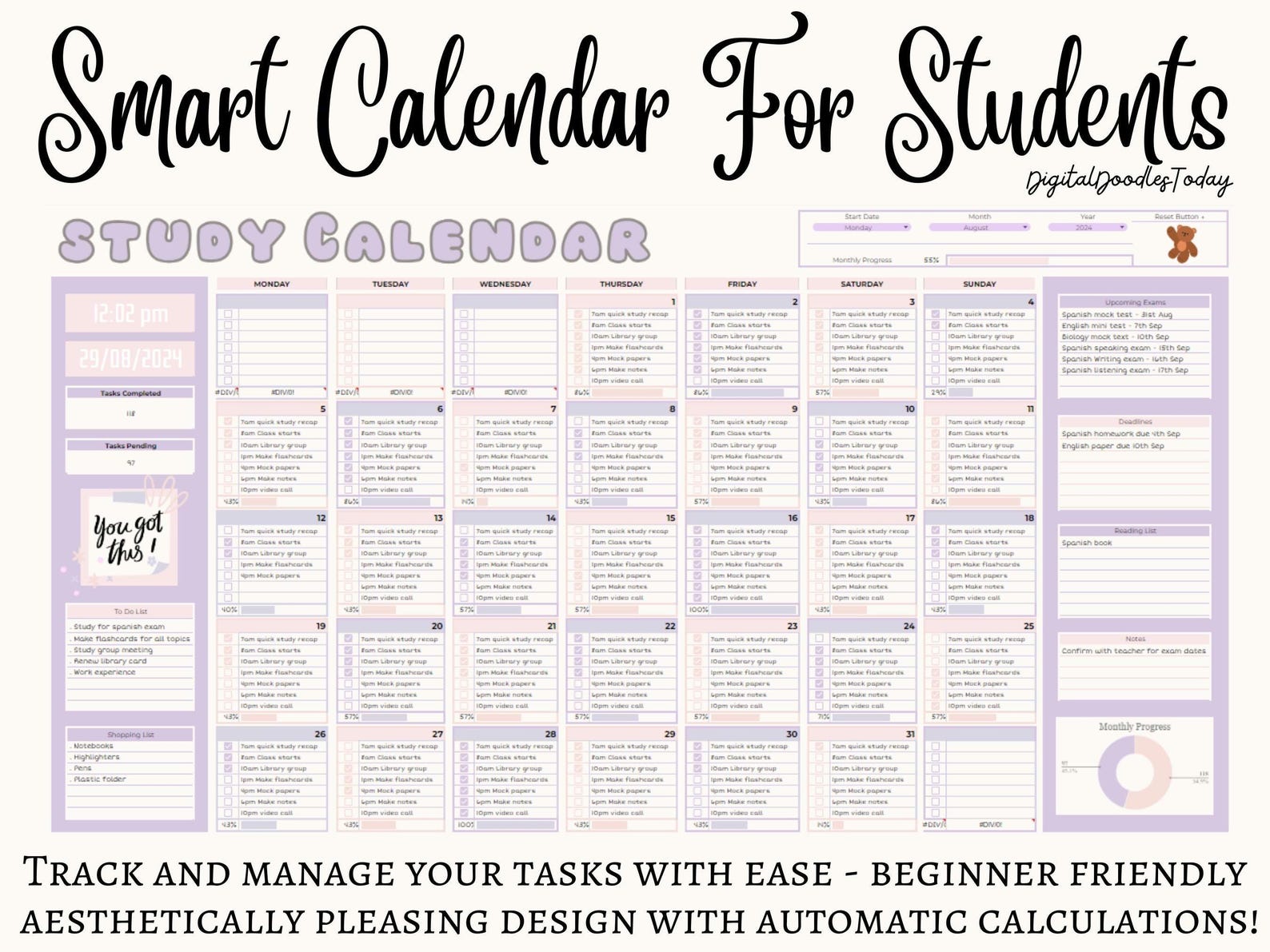 Student Planner W/ Assignment Tracker Academic Planner Google Sheets ...